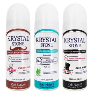 KRYSTAL STONE Deodorant For MEN 3-Pack Roll On Potassium Alum with Essential Oil Blends - Unscented, COOL BLACK and FRESH CEDAR - VEGAN. CRUELTY FREE. ECO-FRIENDLY