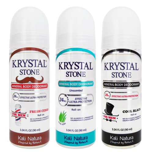 KRYSTAL STONE Deodorant For MEN 3-Pack Roll On Potassium Alum with Essential Oil Blends - Unscented, COOL BLACK and FRESH CEDAR - VEGAN. CRUELTY FREE. ECO-FRIENDLY