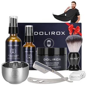 shaving kit for men,includes straight razor for men, shaving cream, pre shave oil, after shave balm for men,shaving brush and bowl, beard apron bib, gifts set for men him boyfriend stocking stuffers