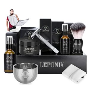 shaving kit for men, include safety razor, sandalwood shaving cream, mens aftershave, pre shave oil, shaving brush and bowl, shaving apron bib -unique gifts for men him stocking stuffers