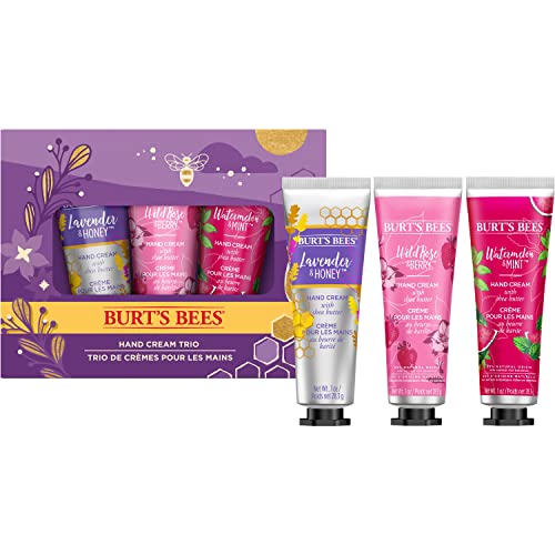 Burt's Bees Christmas Gifts, 3 Body Care Stocking Stuffers Products, Hand Cream Trio Set - Lavender Honey, Watermelon Mint & Wild Rose Berry Shea Butters