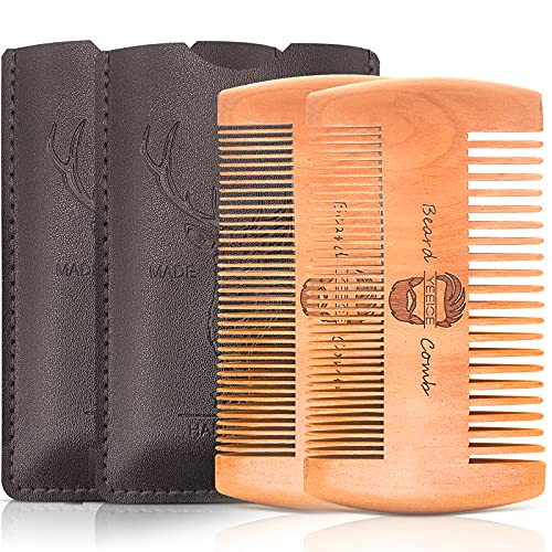 Wooden Beard Comb Kit, 2 Pieces Brown Christmas Deer Design Pocket Comb, Handmade Combs with Durable Case Gifts for Men, Customized Gifts for Dad Mustache Care, Beard Care & Hair Grooming (2 Packs Deer)