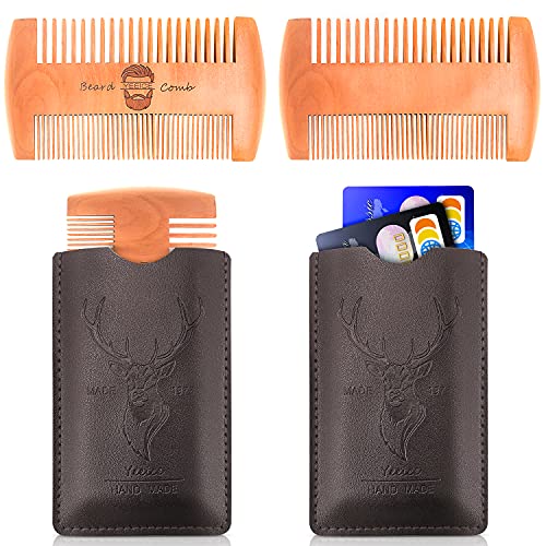 Wooden Beard Comb Kit, 2 Pieces Brown Christmas Deer Design Pocket Comb, Handmade Combs with Durable Case Gifts for Men, Customized Gifts for Dad Mustache Care, Beard Care & Hair Grooming (2 Packs Deer)