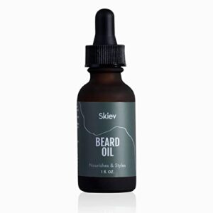 skiev all-natural beard & skin oil for men. moisturizes, softens & promotes facial hair growth- prevent itchiness, ingrown hair & flakiness. lightweight & quick-absorption. cedarwood/amber scented w/ argan & jojoba oils – usa made