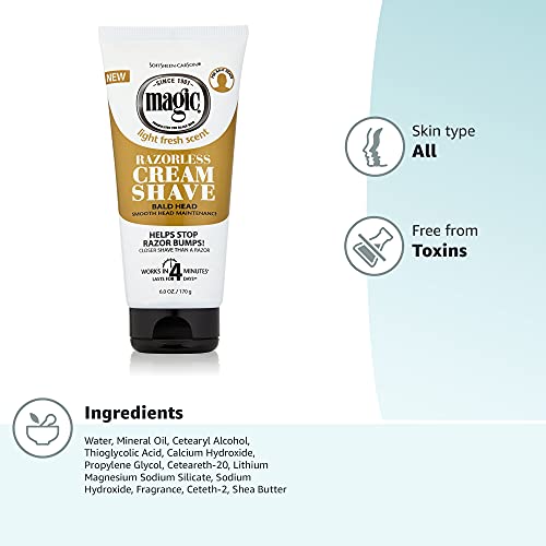 SoftSheen-Carson Magic Razorless Shaving Cream for Men, Hair Removal Cream, for Bald Head Maintenance, No Razor Needed, Depilatory Cream Works in 4 Minutes for Coarse Curly Hair, 6 oz