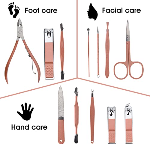 Nail Clippers and Beauty Tool Portable Set, Rose Gold Martensitic Stainless Steel Manicure Set 12 in 1, with Pink Leather Bag, Suitable for Home, Workplace, Outdoor Travel, Gift Giving, Beauty Salon.