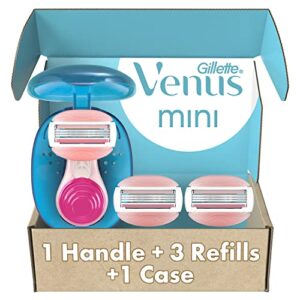 gillette venus mini comfortglide white tea razors for women, includes 1 venus razor mini handle, 3 razor blade refills, 1 travel case