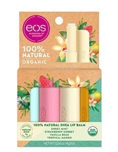 eos 100% natural & organic lip balm sticks, lip care variety pack, sweet mint, strawberry sorbet, vanilla bean, tropical mango, 4 count (pack of 1)