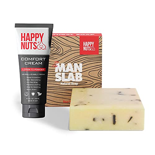 Happy Nuts Bundle - One tube of Happy Nuts Sweat Defense and Odor Control - Comfort Cream Lotion for Men and One Bar of Happy Nuts Man Slab Bar Soap - Natural Men's Bar Soap for Men with Cedarwood