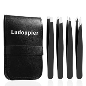 ludoupier [4+1 pieces] tweezers set with travel case, great precision upgrade professional anti-rust alloy tweezers for women & men, multi-purpose as eyebrows facial hair ingrown hair removal