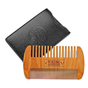 wooden beard comb & case, dual action fine & coarse teeth, perfect for use with balms and oils, top pocket comb for beards & mustaches by viking revolution