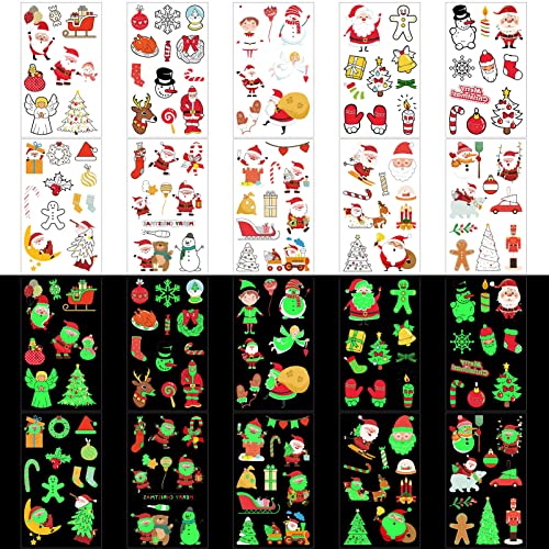 Qpout 10 Sheets Christmas Temporary Tattoos Luminous Christmas Tattoos Stickers Stocking Gift Stuffers for Kids Girls Boys Xmas Eve Christmas Party Favors Supplies Decorations