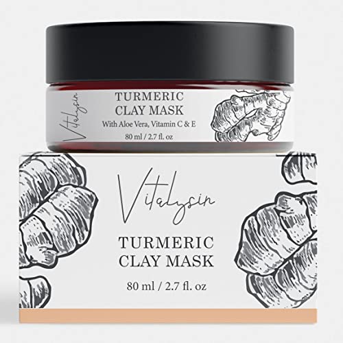 Vitalysin Turmeric Vitamin C Clay Mask with Aloe Vera and Vitamin E - Fades Dark Spots, Evens Skin Tone, Invigorates and Brightens Dull Skin