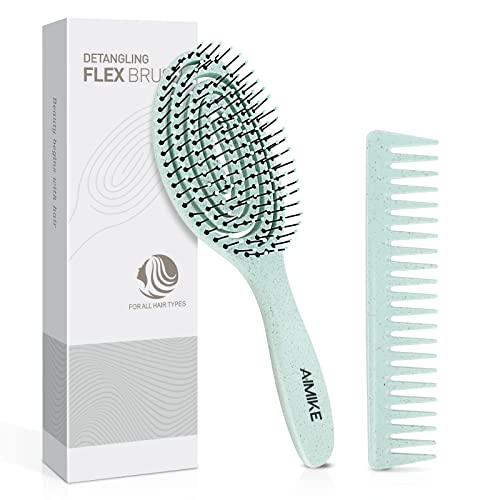 AIMIKE Detangling Hair Brush, Vented Detangler Brush for Curly, Thick & Knotted Hair, No Pull Detangling Brush w/ Flex Soft Bristles, Glide Through Tangles for Women, Kids, Men, Wet & Dry Hair- Green