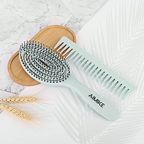 AIMIKE Detangling Hair Brush, Vented Detangler Brush for Curly, Thick & Knotted Hair, No Pull Detangling Brush w/ Flex Soft Bristles, Glide Through Tangles for Women, Kids, Men, Wet & Dry Hair- Green