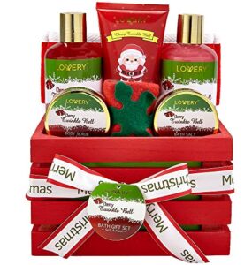 bath and body christmas gift basket for women and men – cherry twinkle bell home spa set, includes fragrant body lotions, bath salts, stocking stuffer, loofah scrubber and more