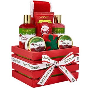 Bath and Body Christmas Gift Basket For Women and Men – Cherry Twinkle Bell Home Spa Set, Includes Fragrant Body Lotions, Bath Salts, Stocking Stuffer, Loofah Scrubber and More