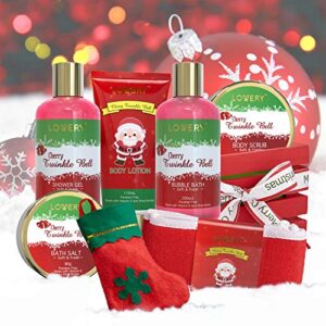 Bath and Body Christmas Gift Basket For Women and Men – Cherry Twinkle Bell Home Spa Set, Includes Fragrant Body Lotions, Bath Salts, Stocking Stuffer, Loofah Scrubber and More