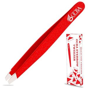 ocba slanted professional tweezers for women stainless steel eyebrow tweezers precision for ingrown hair eyelash tweezers (red)