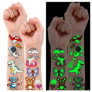 partywind 380 styles (30 sheets) luminous tattoos for kids, mixed styles temporary tattoos stickers with unicorn/mermaid/dinosaur/outer space/pirate for boys and girls, glow party supplies gifts for children