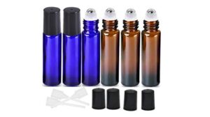 hinnaswa essential oil roller bottles, empty refillable roll on glass bottles, leak proof glass bottle, stainless steel balls for essential oil (amber, blue)