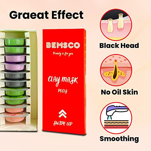 BEMSCO Clay Mask Kit Dead Sea, Green Tea, Avocado, Rose, Eggplant Mask, Face Mask Skin Care For Acne Treatment, Pore Cleaner, Blackhead Remover, Face Moisturizer- 2 Ea/10 Pods- 1 Brush