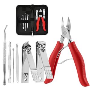 nail clipper for ingrown and thick nail, stainless steel sharp curved blades & anti-slip handle, professional nail cutter for men, women and seniors (red),10-in-1