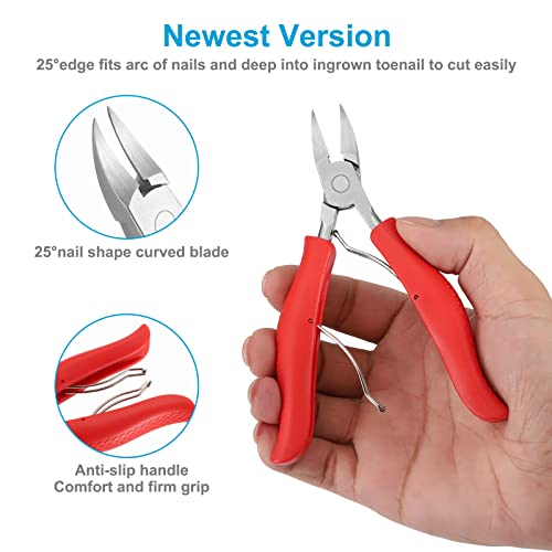 Nail Clipper for Ingrown and Thick Nail, Stainless Steel Sharp Curved Blades & Anti-Slip Handle, Professional Nail Cutter for Men, Women and Seniors (Red),10-in-1