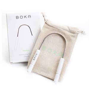 boka rasana stainless steel tongue cleaner and scraper with linen travel pouch, remove tongue buildup and freshen breath (pack of 1)