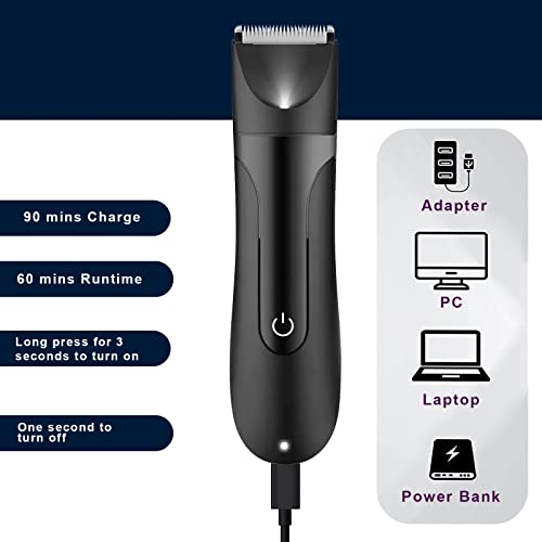 BESTBOMG Groin Hair Trimmer for Men, Ball Shaver, Electric Body Trimmer, Waterproof Wet/Dry Groomer, 90 Minutes Shaving After Fully Charged, Replaceable Ceramic Blade Heads