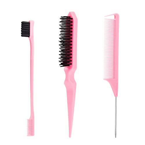 SWEET VIEW 3 Pcs Slick Back Hair Brush Set with 1 Pcs Edge Brush 1 Pcs Bristle Hair Brush 1 Pcs Rat Tail Comb, Teasing Brush Set for Smoothing Baby Hair & Flyaways - Pink