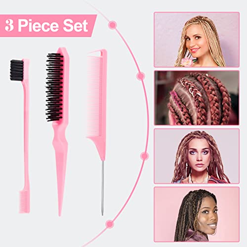 SWEET VIEW 3 Pcs Slick Back Hair Brush Set with 1 Pcs Edge Brush 1 Pcs Bristle Hair Brush 1 Pcs Rat Tail Comb, Teasing Brush Set for Smoothing Baby Hair & Flyaways - Pink