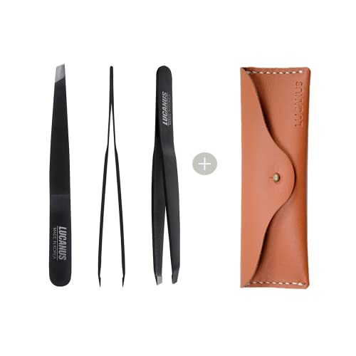 Tweezer LUCANUS PICK ME Tweezers 1pcs with Leather Case - Slant Tip Professional Stainless Steel Eyebrow Tweezers for Women & Men - Ultra Precision on Brow, Facial Hair & Ingrown Hair