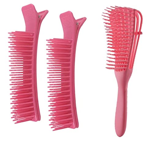 Mix Match Detangling Hair Brush Set Detangler Comb for Women, Men and Kids - Wet & Dry – Removes Knots and Tangles, Best for Thick and Curly Hair – Pain Free 3 Pcs No Slip Professional Hair Salon Styling Grip Comb Clips/Brush for Coloring and Braiding all