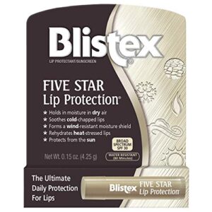 blistex five star lip protection lip balm, 0.15 ounce – wind & water-resistant lip care, broad spectrum spf 30 sun protection, soothes cold chapped lips, hydrating lip treatment, holds in moisture