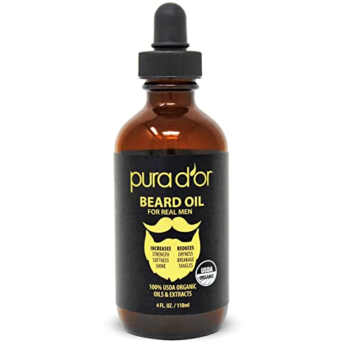 PURA D'OR Organic Beard Oil (4oz / 118mL) 100% Pure - USDA Certified - Natural Leave-In Conditioner, Argan & Jojoba Oil - Mustache Care & Maintenance, Increase Softness & Strength (Packaging may vary)