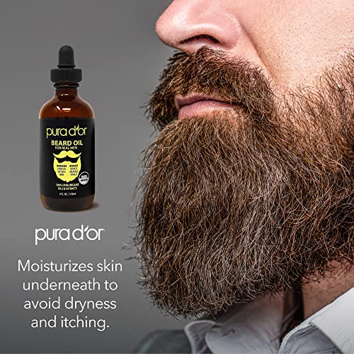 PURA D'OR Organic Beard Oil (4oz / 118mL) 100% Pure - USDA Certified - Natural Leave-In Conditioner, Argan & Jojoba Oil - Mustache Care & Maintenance, Increase Softness & Strength (Packaging may vary)