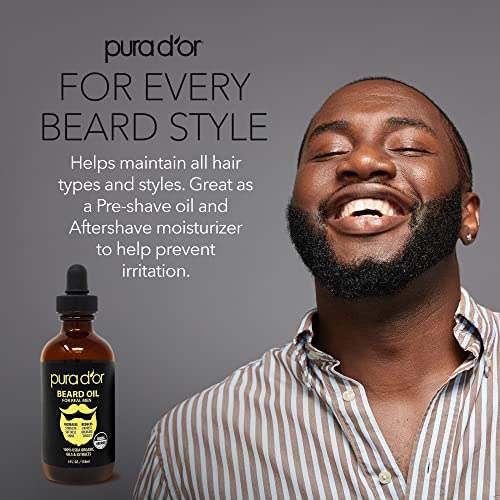 PURA D'OR Organic Beard Oil (4oz / 118mL) 100% Pure - USDA Certified - Natural Leave-In Conditioner, Argan & Jojoba Oil - Mustache Care & Maintenance, Increase Softness & Strength (Packaging may vary)