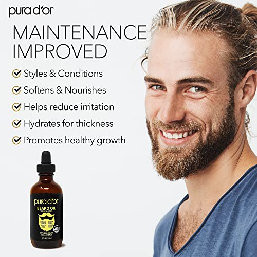 PURA D'OR Organic Beard Oil (4oz / 118mL) 100% Pure - USDA Certified - Natural Leave-In Conditioner, Argan & Jojoba Oil - Mustache Care & Maintenance, Increase Softness & Strength (Packaging may vary)