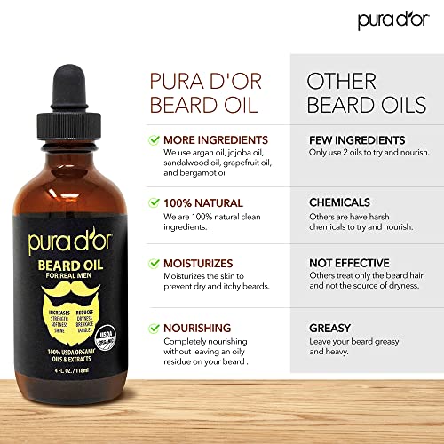 PURA D'OR Organic Beard Oil (4oz / 118mL) 100% Pure - USDA Certified - Natural Leave-In Conditioner, Argan & Jojoba Oil - Mustache Care & Maintenance, Increase Softness & Strength (Packaging may vary)