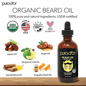 PURA D'OR Organic Beard Oil (4oz / 118mL) 100% Pure - USDA Certified - Natural Leave-In Conditioner, Argan & Jojoba Oil - Mustache Care & Maintenance, Increase Softness & Strength (Packaging may vary)