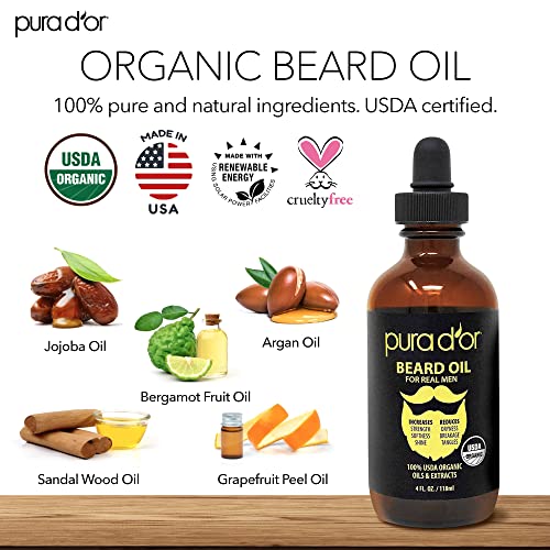 PURA D'OR Organic Beard Oil (4oz / 118mL) 100% Pure - USDA Certified - Natural Leave-In Conditioner, Argan & Jojoba Oil - Mustache Care & Maintenance, Increase Softness & Strength (Packaging may vary)