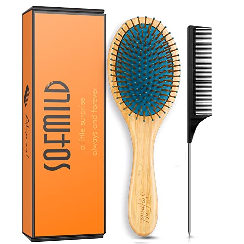 Sofmild Bamboo Wooden Paddle Hair Brush Comb Set, Hairbrushes for Women Men Kid Detangling Hair Massaging Scalp with Round Tip Bristles for All Hairstyles (Blue Wooden)