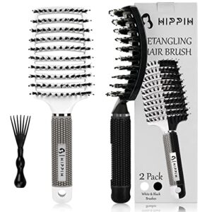 detangler brush 2 pack, hippih hair brushes for women, men, kids wet & dry hair, curved voremy magical brush detangler, fast drying styling hair brush, make hair shiny & healthier anti-static hairbrush