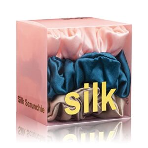 silk scrunchies for hair 100% mulberry silk hair ties 3 pack(pink, peacock blue, apricot)