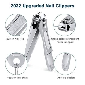 Nail Clippers Set with Catcher, Anti Splash Fingernail and Toenail Clipper Cutters with Glass Nail File for Men Woman, Stainless Steel Nail Clippers for Thick Nails or Ingrown Nails, Large, Silver