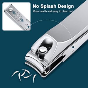 Nail Clippers Set with Catcher, Anti Splash Fingernail and Toenail Clipper Cutters with Glass Nail File for Men Woman, Stainless Steel Nail Clippers for Thick Nails or Ingrown Nails, Large, Silver