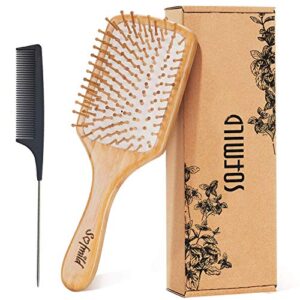 hair brush-natural wooden bamboo brush and detangle tail comb instead of brush cleaner tool, eco friendly paddle hairbrush for women men and kids make thin long curly hair health and massage scalp