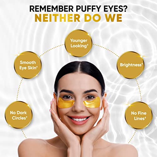 24K Gold Under Eye Mask - 25 Pairs for Puffy Eyes, Dark Circles, Eye Bags, Puffiness with Collagen and Vitamins - Natural Anti-Aging Eye Pads - Hydrating Under Eye Patches - Golden Under Eye Gel Pads