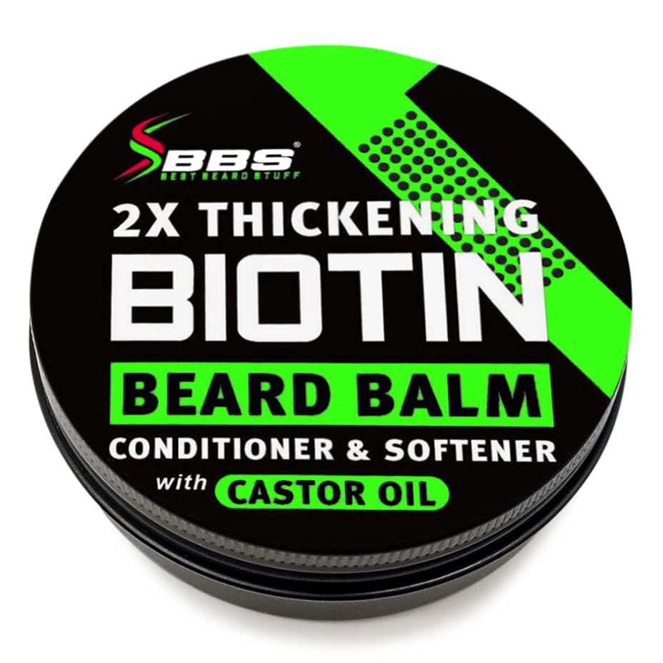 2X Thickening BIOTIN Beard Balm for Men / Mustache Wax for Thicker Facial Hair Growth - Leave in Conditioner - Softener - Moisturizer - All Natural Care Treatment - Castor Oil - BBS USA Vegan Product